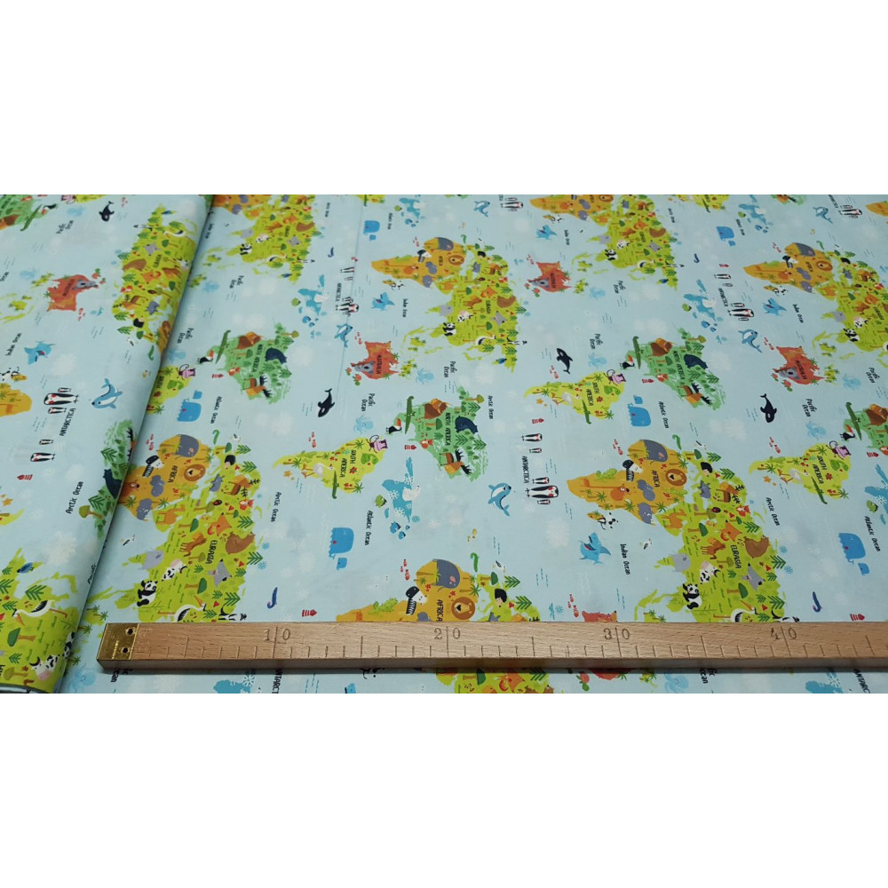 Cotton World Map Animals fabric | Textil Siles fabric store
